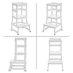 Kitchen Step Stool for Kids and Toddlers with Safety Rail Children Standing Tower for Kitchen Counter, Parents' Helper Kids Learning Stool, White