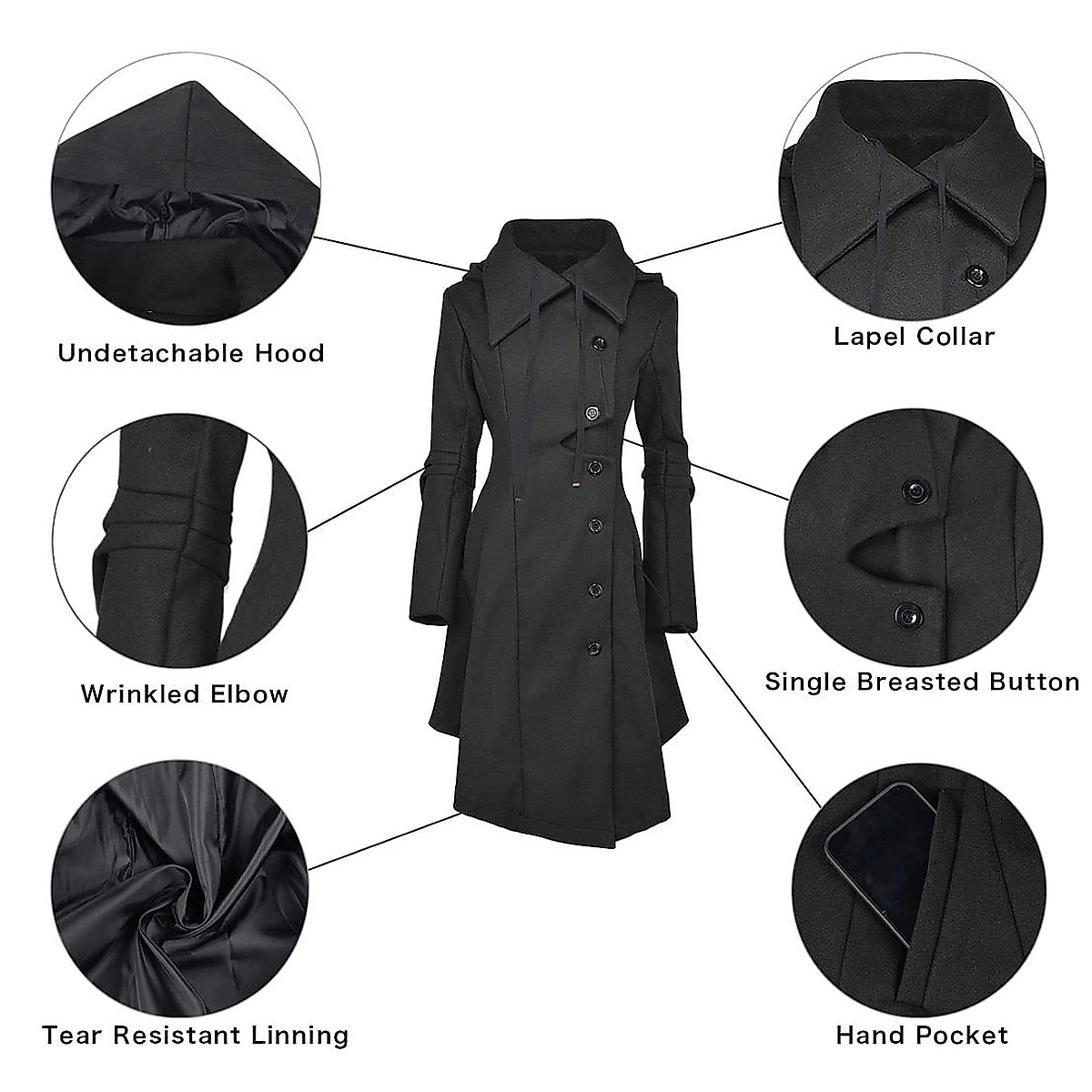 QZUnique Long Trench Pea Coat for Women - Wool Winter Trench Coat Goth Lapel Peacoat Outwear Thick Hood Pea Jacket Trenchcoat