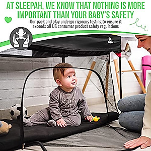 Sleepah Foldable Travel Crib – Lightweight Portable Play Pen + Backpack, Play-Yard with Waterproof Mattress – Easy to Pack Fits in a Suitcase, Sets up in 30 Seconds Safe for Infants & Toddlers (Black)