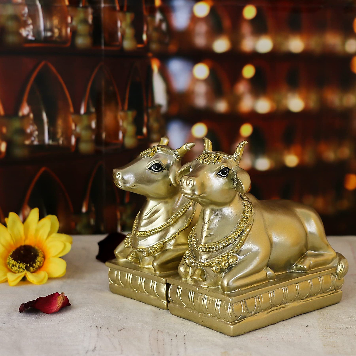Hindu Nandi Holy Cow Statues - 2PCS Gold Nandi Cow Sitting Position Statue for House Temples Puja Home Decor Diwali Gift