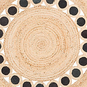 SAFAVIEH Natural Fiber Round Collection 3' Round Beige / Black NF370Z Handmade Boho Woven Jute & Leather Area Rug