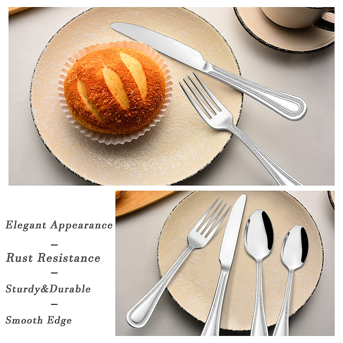 24PCS Forks and Spoons Silverware set, HaWare Stainless Steel Flatware with Pearled Edge for Home/Kitchen, Include 12 Dinner Forks(7.9 Inches) and 12 Dinner Spoons(7.9 Inches), Dishwasher Safe