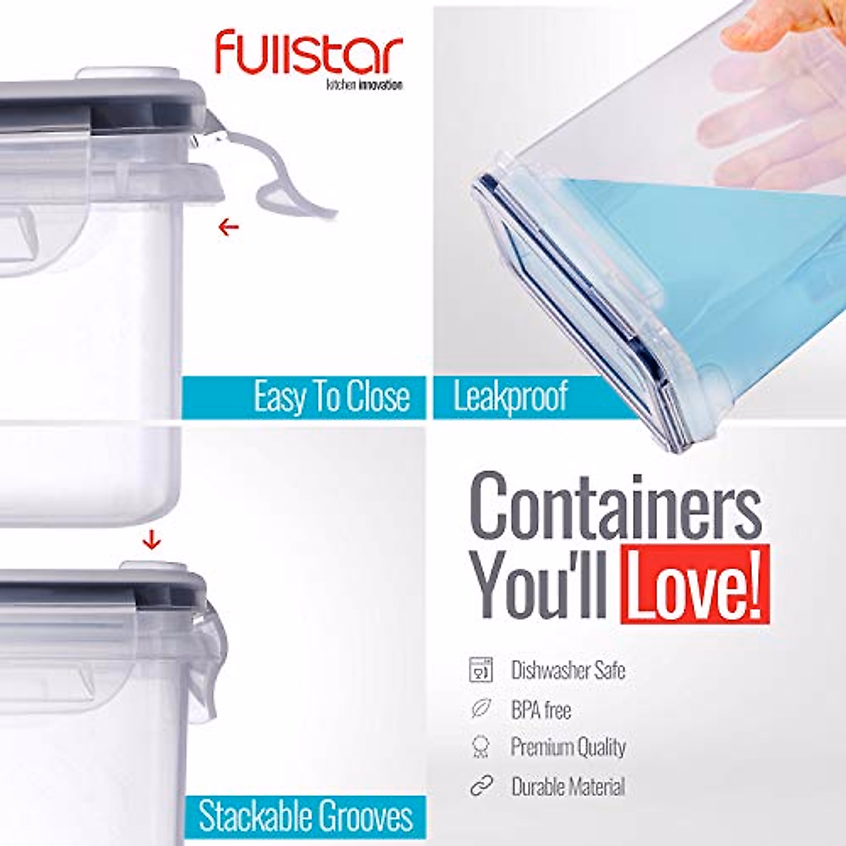 fullstar Food Storage Bins with Lids, Airtight food storage containers for Kitchen & Pantry organization. Includes Marker, Pen & Scoop (6 Pack)