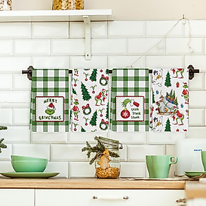 AnyDesign Christmas Kitchen Towel Green White Buffalo Plaids Dish Towel 28 x 18 Inch Funny Cartoon Character Tea Towel Xmas Decorative Hand Drying Towel for Kitchen Cooking Baking, 4 Pack