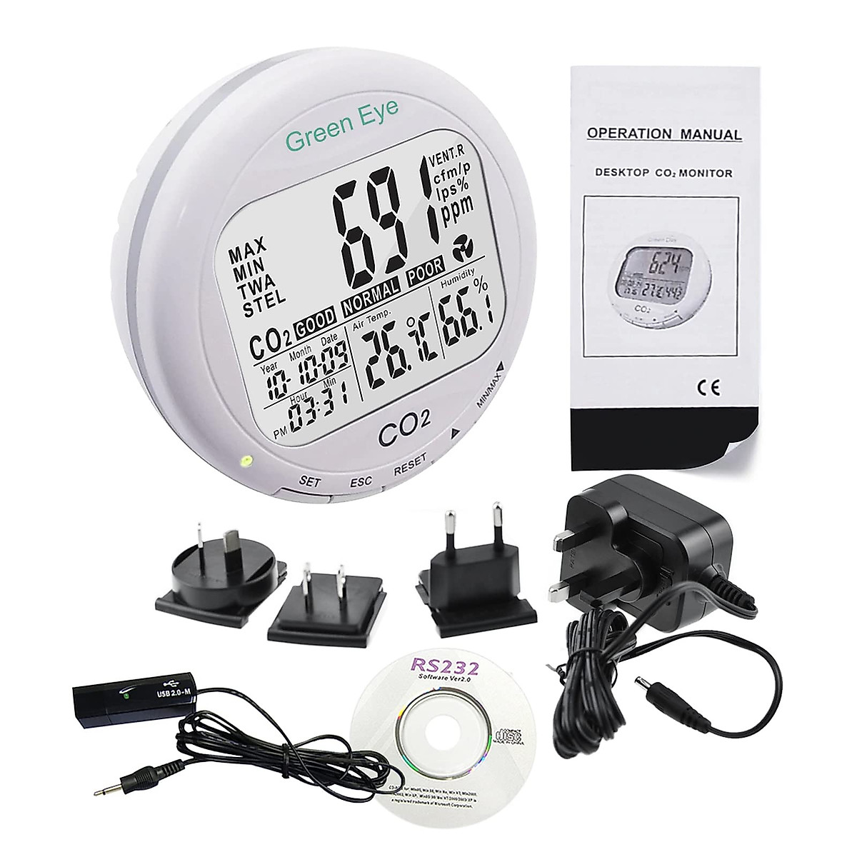 Desktop CO2 / RH/Temp 3 in 1 Indoor Air Quality Monitor Data Logging with Software Carbon Dioxide Temperature Humidity Digital Meter Audible Alarm NDIR Sensor