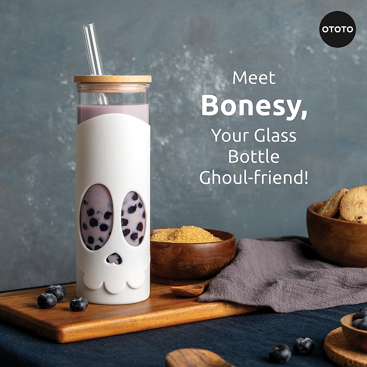 OTOTO NEW Bonesy Glass Tumbler with Straw and Lid - 17oz Cute Glass Water Bottle Tumblers, Goth Accessories, Spooky Gifts, Halloween Gifts, Skull Glass Cup with Lid and Straw, Goth Gifts (White)
