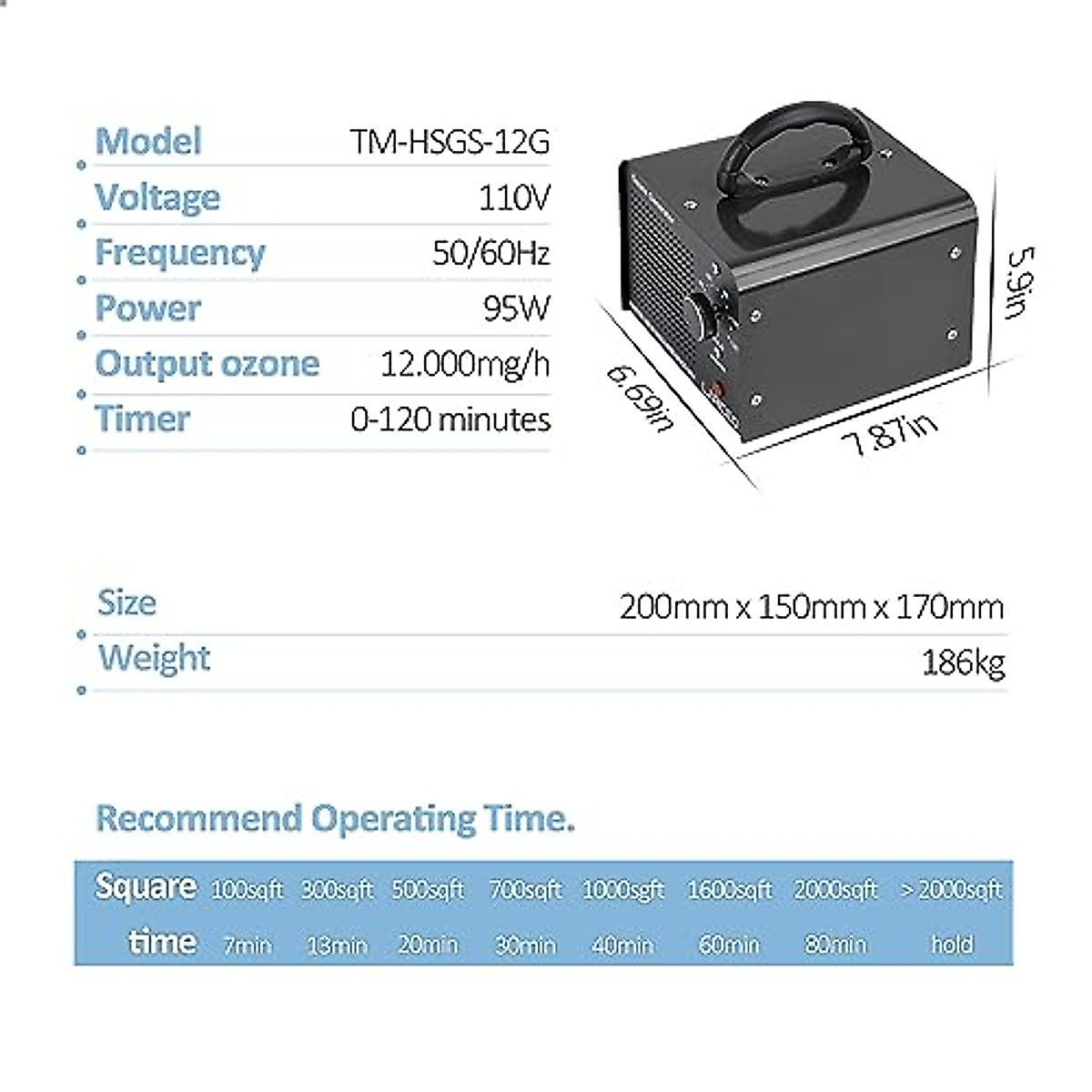 LARICEO 12000mg/h High Capacity Ozone Generator, Home and Commercial Ozone Machine Odor Removal, Ideal for Car, Home, Smoke, Pet, etc (Black)