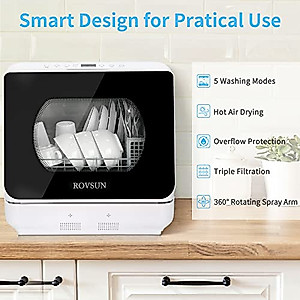 ROVSUN Portable Countertop Dishwasher, Mini Dishwasher with Built-in Water Tank, 5 Washing Programs, 360° Spray Arm, Air-Dry Function & Fruit Cleaning for Apartments, Dorms and RVs