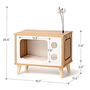 Cat House Wooden Cat Condo Cat Bed Indoor TV-Shaped Sturdy Large Luxury Cat Shelter Furniture with Cushion Cat Scratcher Bell Ball Toys
