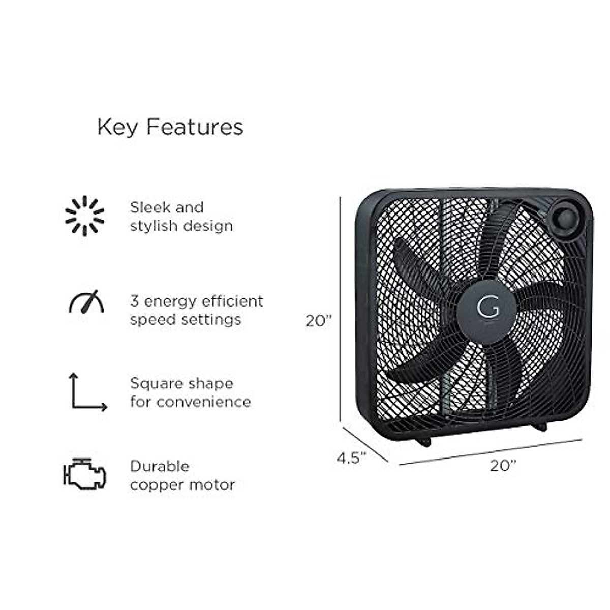 Genesis 20" Box Fan, 3 Settings, Max Cooling Technology, Carry Handle, Black