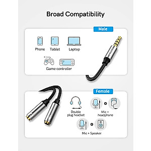 VIOY Mic Headphone Splitter, 3.5 mm Audio Headset Y Splitter Cable TRRS Male to 2 Female Separate Jack for PC Gaming Headset, PS4, Xbox One, Laptops, Tablet, Smartphone…