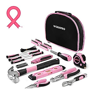 WORKPRO Pink Tool Kit - Hand Tool Set with Easy Carrying Round Pouch - Durable, Long Lasting Chrome Finish Tools - Household Tool Kit Perfect for DIY, Home Maintenance - Pink Ribbon