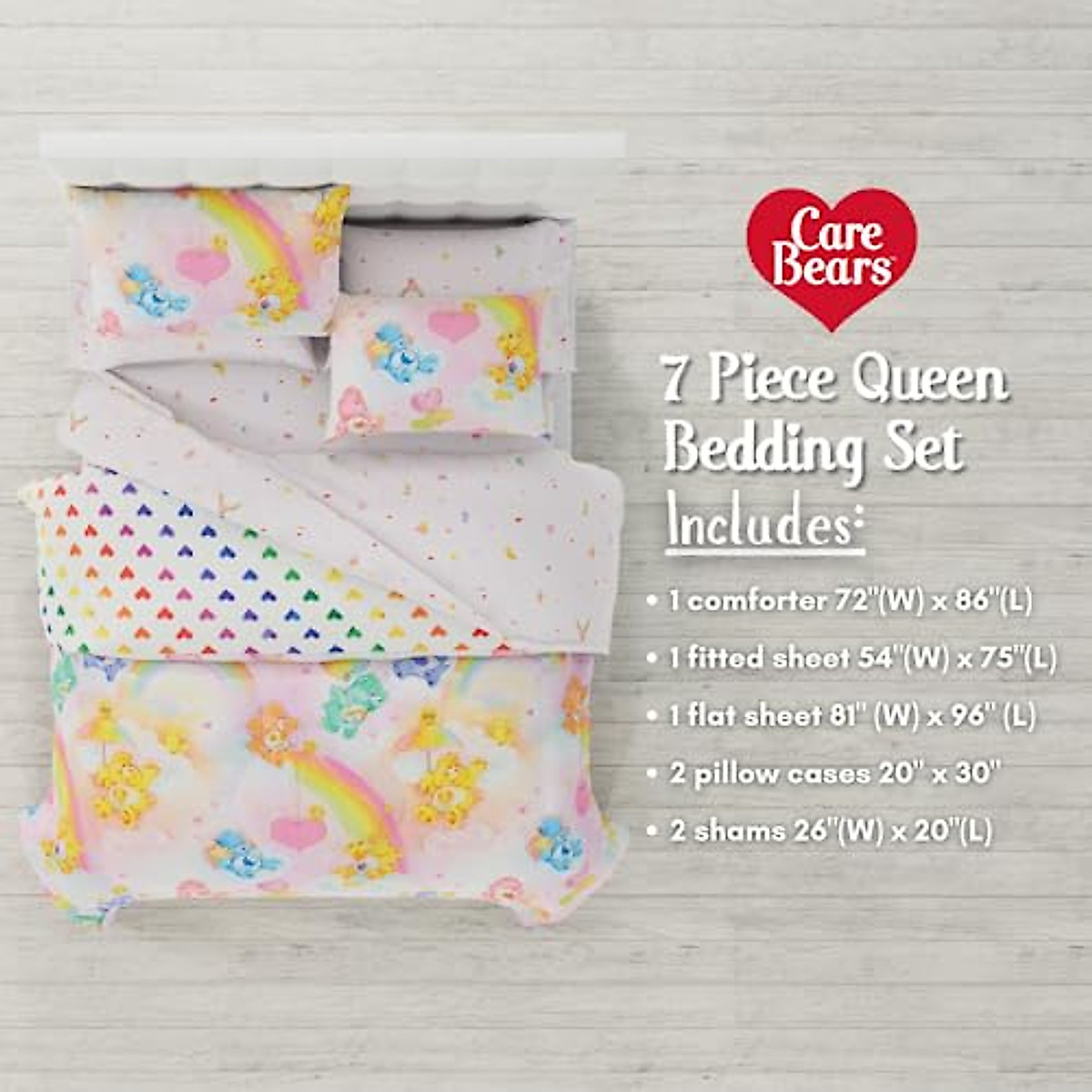 Franco Care Bears Classic Retro Rainbow Bedding 7 Piece Super Soft Comforter and Sheet Set with Sham, Queen, (100% Official Licensed Product) Collectibles