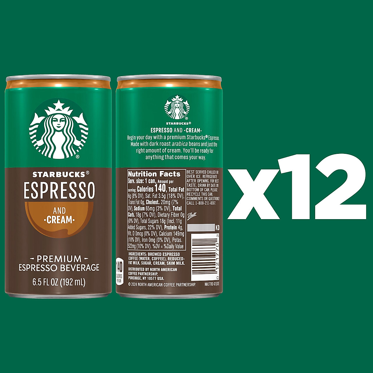 Starbucks Ready to Drink Coffee, Espresso & Cream, 6.5oz Cans (12 Pack) (Packaging May Vary)