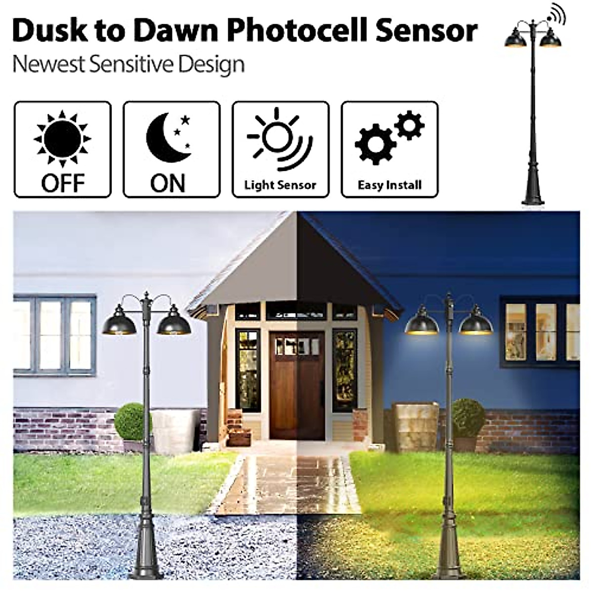 Dusk to Dawn Outdoor Lamp Post Lights with GFCI Outlet,Double-Head Farmhouse Street Light Fixture,Aluminum Exterior Black Pole Lights,Waterproof Lantern Lamp Outdoor Lighting for Garden,Patio,Pathway