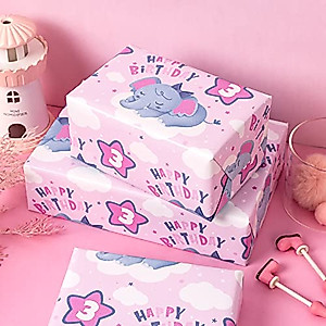 WRAPAHOLIC 3rd Birthday Wrapping Paper - Mini Roll - 17 Inch X 16.5 Feet - Adorable Elephant and Happy Birthday Lettering Design for Birthday, Party, Baby Shower