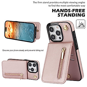 WHBPKJ Case for iPhone 15 Pro Max Wallet with Card Holder,RFID Blocking Protective Cover for Women,PU Leather Lanyard Strap Wristlet Zipper Pocket Kickstand Flip Case-Rose Gold