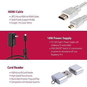 GeeekPi Starter Kit for Raspberry Pi 4 4GB, with Raspberry Pi 4, Case, 64GB Card, Card Reader, HDMI Cables and 18W USB C Power Supply