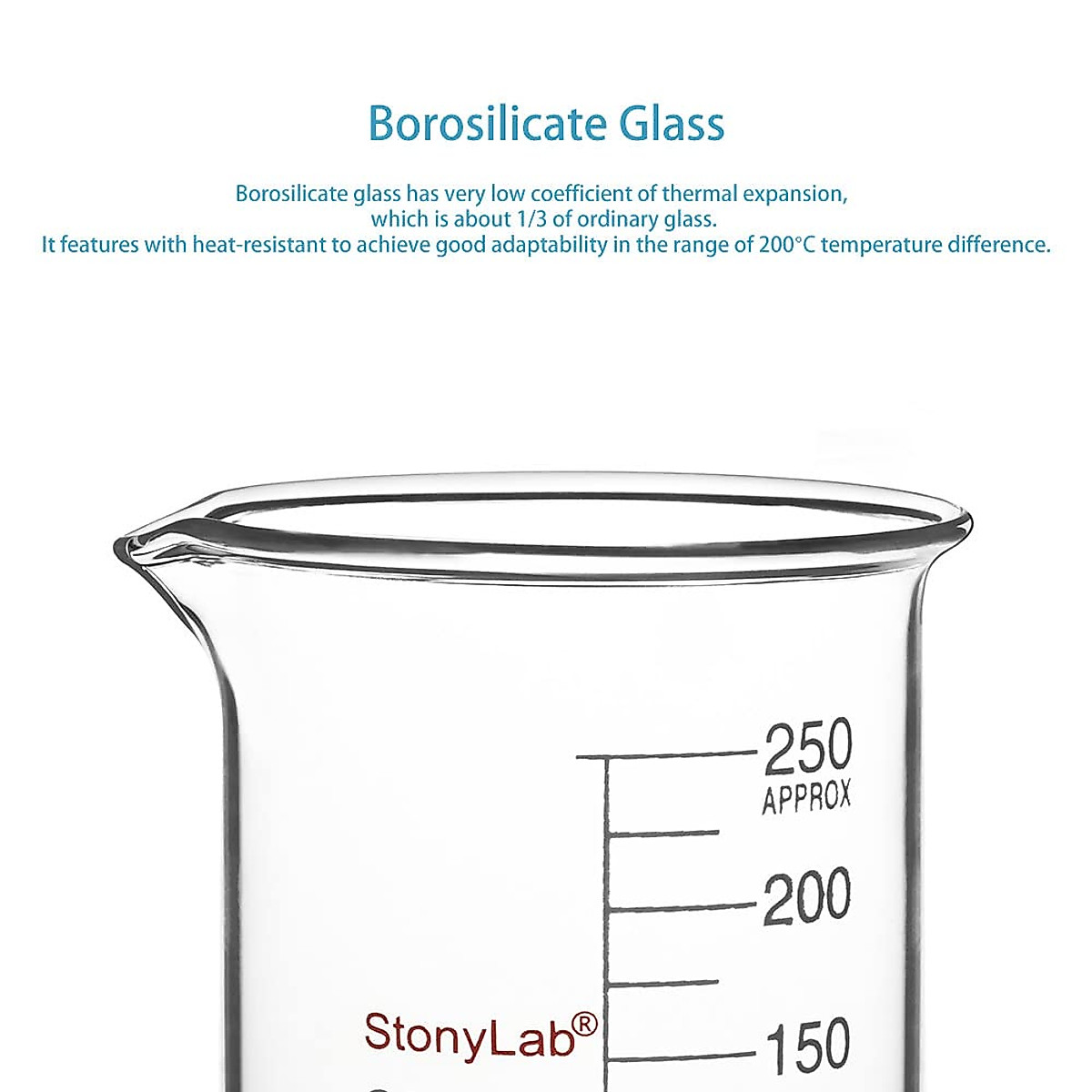 stonylab Glass Beaker, 1 Pack Borosilicate Glass Graduated Low Form Griffin Beaker with Pouring Spout Lab Beaker, 250 ml