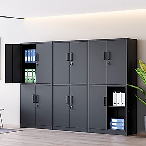 MIIIKO Steel Storage Cabinet with Locking Doors, Black Storage Cabinet with 4 Doors and 3 Adjustable Shelves, Tall Metal Locker Cabinet for Home Office, Garage, School