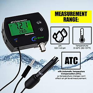 PH Monitor & Temperature Meter 2 in 1 Digital Water Quality Tester Sensor Test Kit with Automatic Calibration/Replaceable BNC Electrode Probe for Aquariums Hydroponics Tanks Aquaculture Laboratory