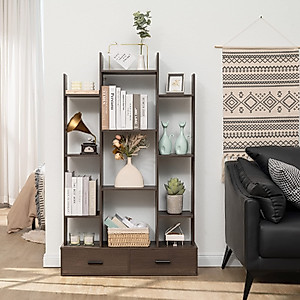 WEENFON Unique Bookcase with 1 Large Drawer, Tree-Shaped Bookshelf with 12 Storage Shelves, Open Standing Ladder Shelf, Bookshelf for Bedroom, Living Room, Office, Dark Brown