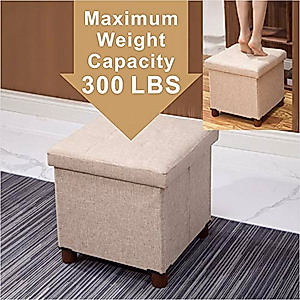 15 Inches Storage Ottoman with Wooden Legs Cube Foot Rest Stool, Square Footstool Storage, Ottoman with Storage for Living Room, Foldable Fabric Ottoman, Comfortable Seat with Lid, Space-Saving Beige