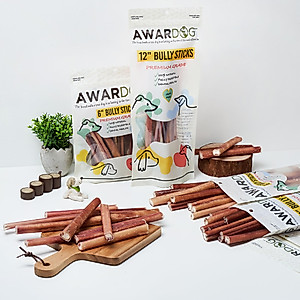 AWARDOG Odor-Free Bully Sticks (6 Inch, 12 Pack Standard Thickness), Fully Digestible 100% Beef Pizzle Chews, Grass-Fed, Grain-Free, Natural Long-Lasting Chews for Small & Large Dogs -12 Count