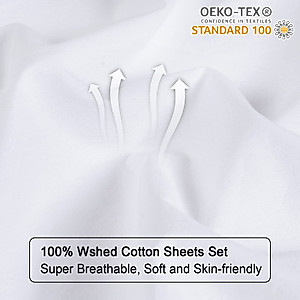 PHF 100% Garment Washed Cotton Sheets Set Queen Size, Ultra Soft Bedding Set, 4 PCS Breathable Moisture-Wicking Durable, Deep Pocket Bed Sheet Up to 16", White