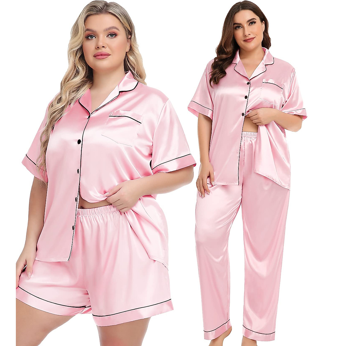 SWOMOG Silk Satin Pajama Set for Plus Size Women Button-Down Loose Bride Pajamas Pink Sleepwear and Loungewear Set 24W