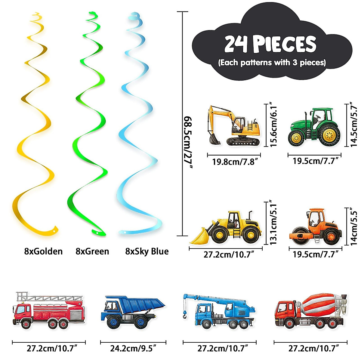 WERNNSAI Construction Hanging Swirls -24 PCS Construction Party Decorations Construction Zone Party Ceiling Swirls Dump Truck Foil Wall Ceiling Streamers for Boys Baby Shower Birthday Party Supplies