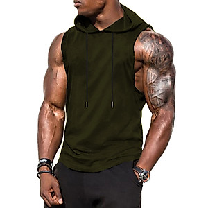 Babioboa Men's Workout Hooded Tank Tops Lightweight Athletic Sleeveless Shirts Gym Hooded Tank Tops(Army Green Medium)