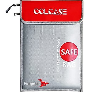 COLCASE Upgraded 2 Pockets Fireproof Document Bag (2000 ℉ )15 x 11 Inches Silicone Coated Fireproof and Waterproof Money Bag Fireproof Safe Storage for Money , Documents , Jewelry and Passport