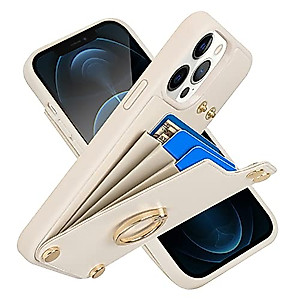 LAMEEKU for iPhone 12 Pro Max Wallet Case, Case with Card Holder, 360°Rotation Ring Kickstand, RFID Blocking Leather Protective Case Designed for Women for Apple iPhone 12 Pro Max 6.7'' Beige