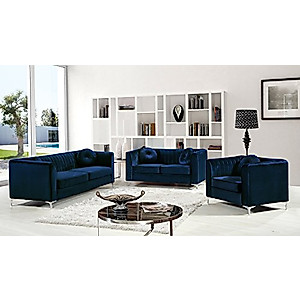 Meridian Furniture Isabelle Collection Modern | Contemporary Channel Tufted, Velvet Upholstered Sofa with Custom Chrome Legs, Navy, 86.5" W x 35.5" D x 31" H