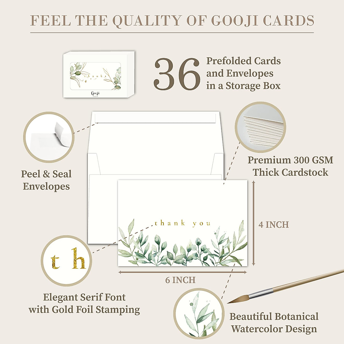Gooji 4x6 Golden Greenery Thank You Cards with Envelopes (Bulk 36-Pack) | Wedding Thank You Cards, Bridal Shower Thank You Cards, Birthday Party, Baby Shower, Blank Notes Small Business