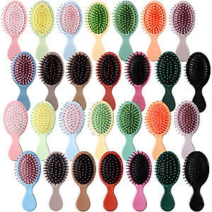 Zopeal 28 Pcs Mini Wet Hair Brush Bulk Small Pocket Travel Hairbrush Set Hygiene Supplies Detangler Soft Bristle Detangling Paddle Kids Operation Christmas for Most Hair Type Wet Dry Hair (28 Colors)
