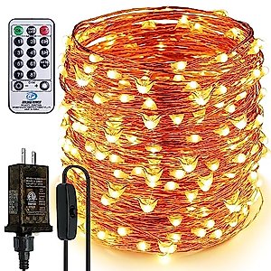 Outlet！ZAECANY LED String Lights 99ft 300 LEDs Fairy String Lights with Switch/Timer, Indoor/Outdoor Copper String Lights with Remote, for Birthday, Wedding, Christmas Decor,Plug in/8 Modes Warm White