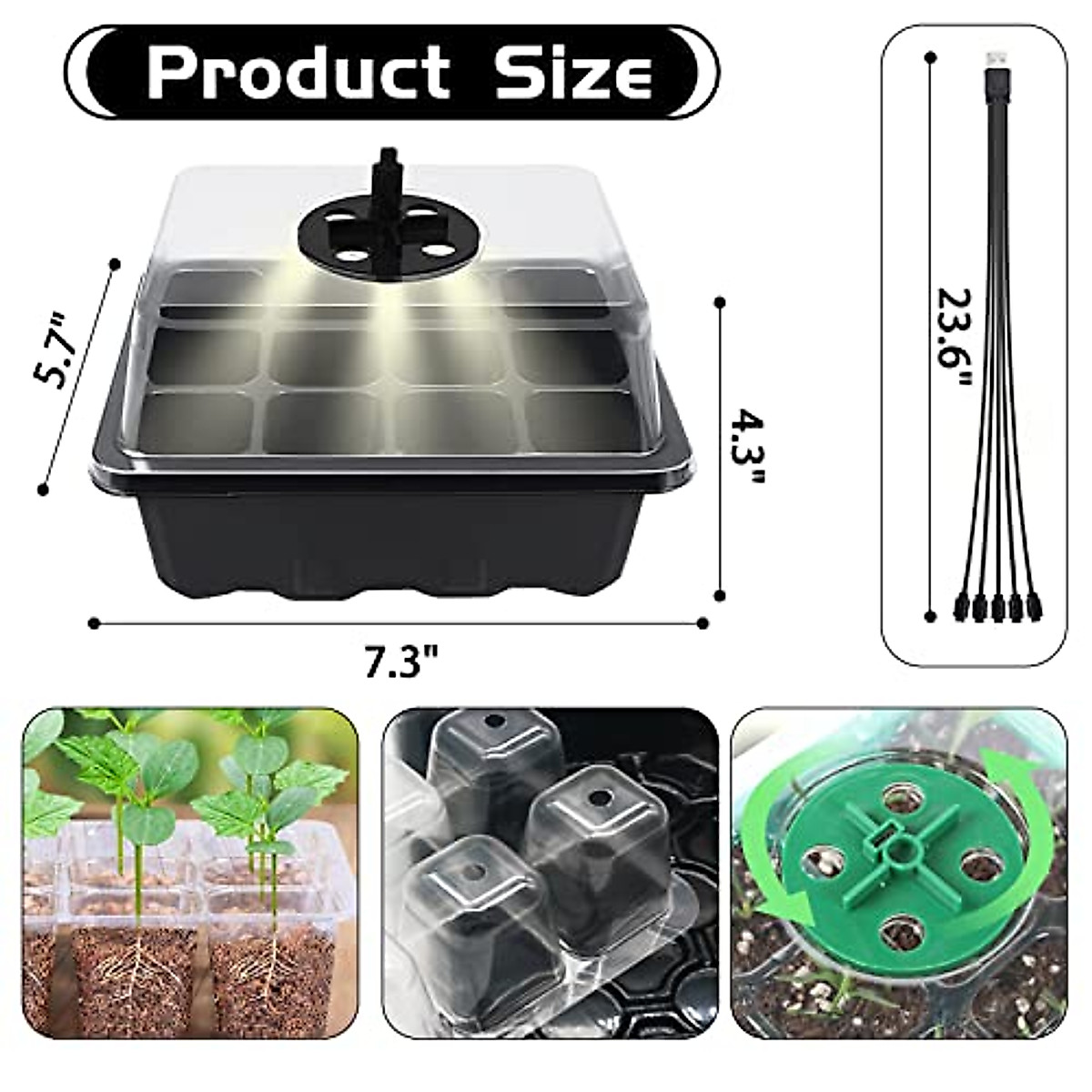 5 Pack Seed Starter Tray with Grow Light, Reusable Seedling Starter Kit with Air Vent Humidity Dome, 60-Cells Drain Hole Tray for Greenhouse Plant Seed Growing Germination Propagator (Black)