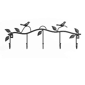 SUODAO Decorative Rustic Tree Branch & Birds Wall Mounted Metal 5 Coat Hook,Hanging Robe Hanger Leaf Coat Wall Decor Holder(Black)