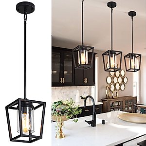 SGLfarmty Black Pendant Lights Kitchen Island, 1-Light Light Fixtures, Farmhouse Island Lighting, Metal Cage Hanging with Glass Shade for Hallway, Entryway