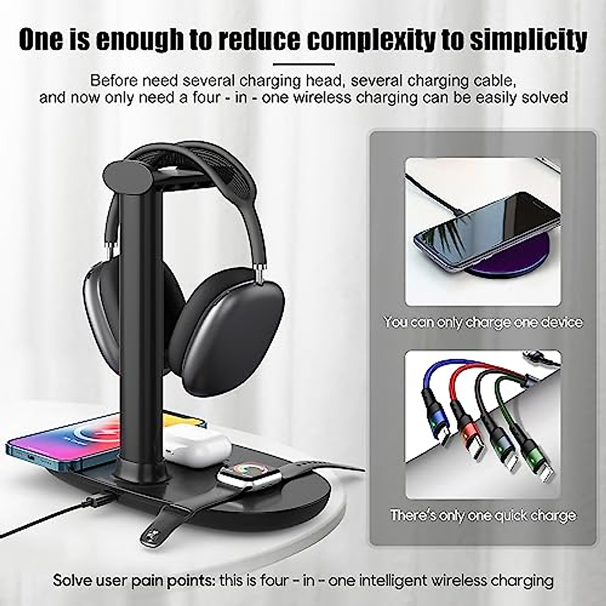 Headphone Stand with 15w Wireless Charger, 4 in 1 Qi Charging Station Headset Holder for iPhone 14/13/12/11/XS/XR/X AirPods Max/Pro/2/3 iWatch 8/7/6/5/4/3/2/1/SE