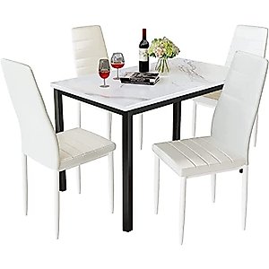tantohom Marble Top Style Dining Table Set for 4, Metal Frame Furniture Kitchen Table and Chairs for 4, Dinette Breakfast Nook Table Set with 4 Pu Leather Chairs for Dining Room…