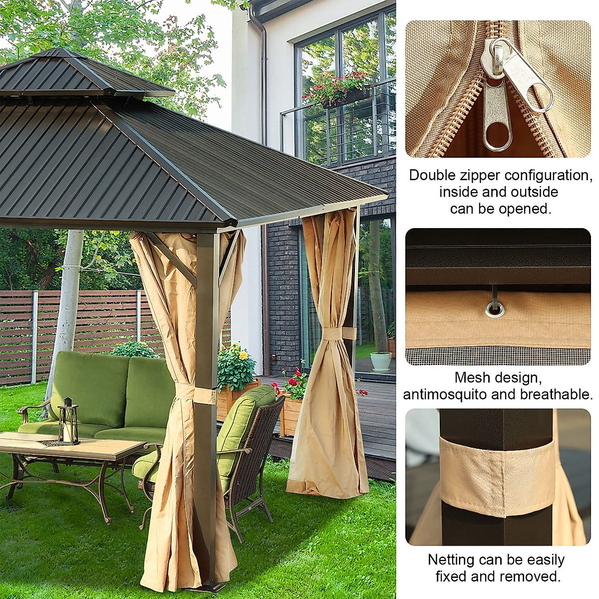 BPS Hardtop Gazebo 12' X 12' Outdoor Tent Shelter Canopy with Netting for Patio, Garden, Yard and Party