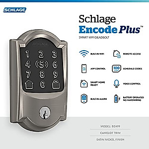 Schlage BE499WB CAM 619 Encode Plus WiFi Deadbolt Smart Lock with Apple Home Key, Keyless Entry Door Lock with Camelot Trim, Satin Nickel