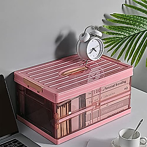 DSVENROLY 2Pcs Foldable Plastic Storage Box With Lid, Upgrade Multifunction Transparent Collapsible Storage Bins, Stackable Clear Latch Storage Box with Handle, Folding Plastic Containers (Pink)