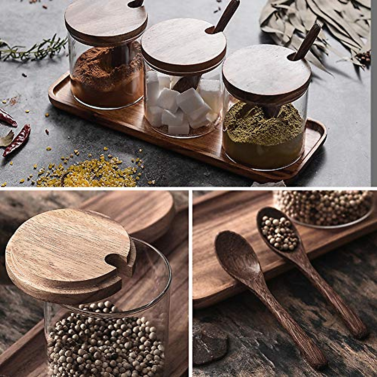 Freehawk Condiment Container Seasoning Box Set Salt Sugar Spice Pepper Condiment Container Kitchen Cruet Seasoning Pots with Bamboo Wooden Spoon Lid and Base,Set of 3(250ml Round Shape)