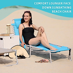 HBWHBW Tanning Chair with Face & Arm Hole- Chaise Lounge Beach Chair for Outdoor Pool, Sunbathing and Reading on Stomach- Versatile Folding Lounger for Tanning (Beige Textilene)
