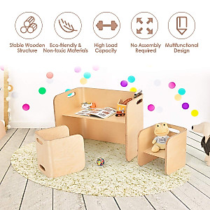 Posdutti Kids Table & Chair Sets, Multipurpose Toddler Furniture 3-Piece Set w/Wood & Thicker Planks, Space-Saving Design, No Assembly Required, Children Learning Desk for Home Kindergarten, Natural