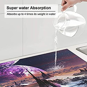 Galaxy Stars Hills Printed Drying Mat For Kitchen Ultra Absorbent Microfiber Dishes Drainer Mats Non-Slip Silicone Quick Dry Pad - 18 X 16inch